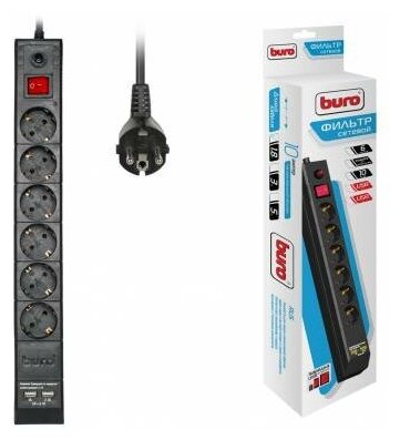 Сетевой фильтр Buro BU-SP1.8_USB_2A-B 1.8м (6 розеток) черный