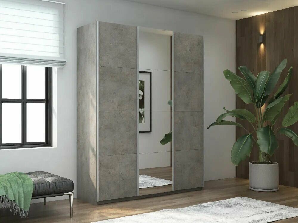 Шкаф-купе Прайм 3-x дв 180 x 230 x 57 Лдсп Зеркало Бетон с доводчиками