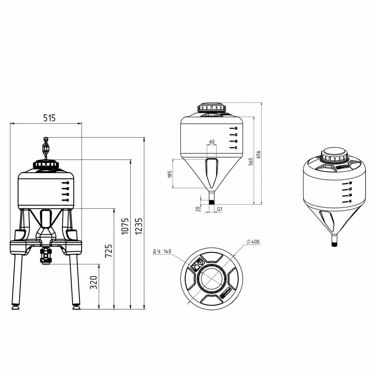ЦКТ ФМ ферментер 35 л. литров брожения с подставкой / емкость полный слив / пищевой полиэтилен / бак с конусным дном / пива, браги, вина 30 40 45 50