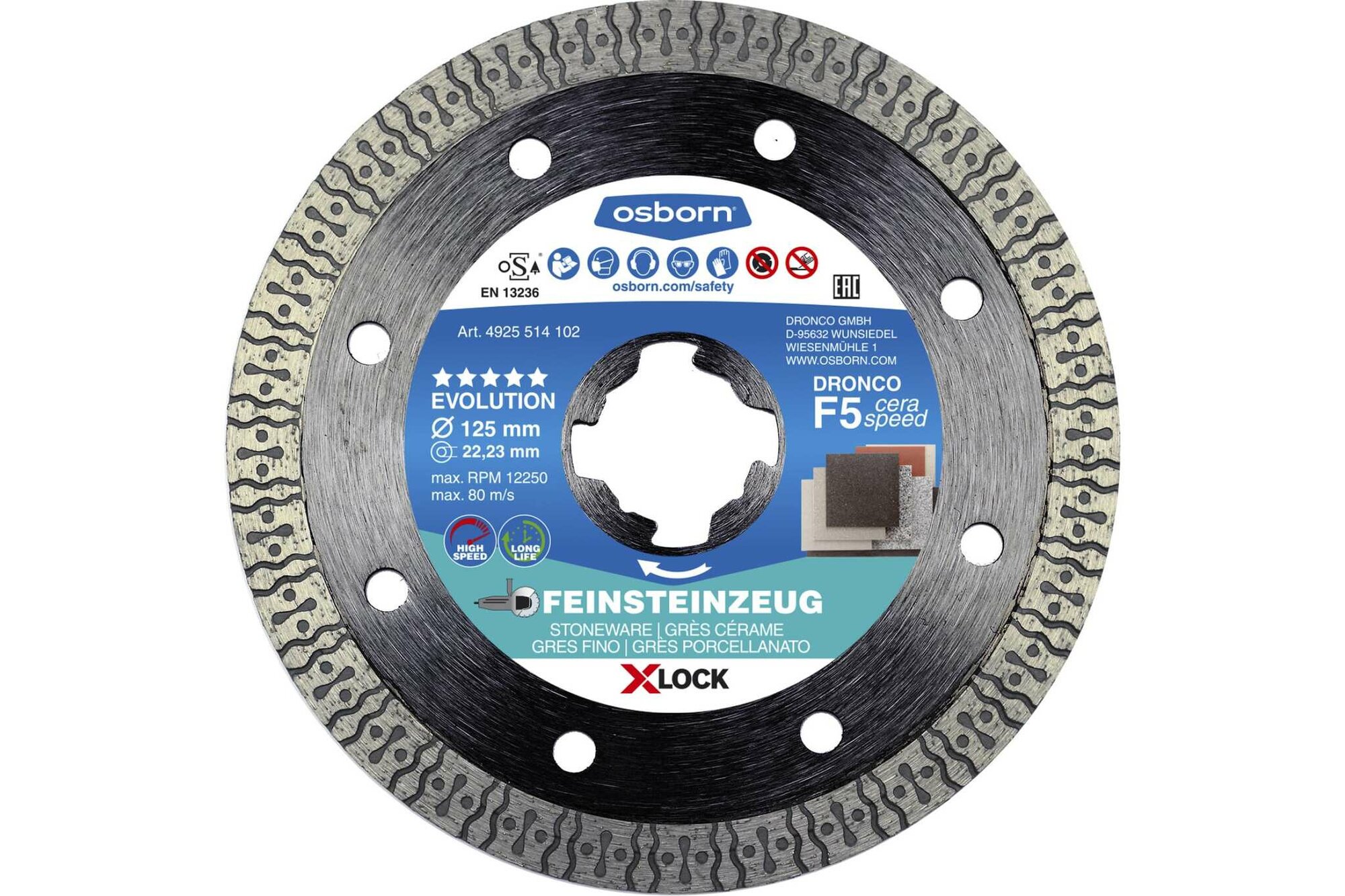 Диск алмазный по керамограниту OSBORN F5 Ceraspeed (125x1.2 мм; X-Lock) DRONCO 4925514102