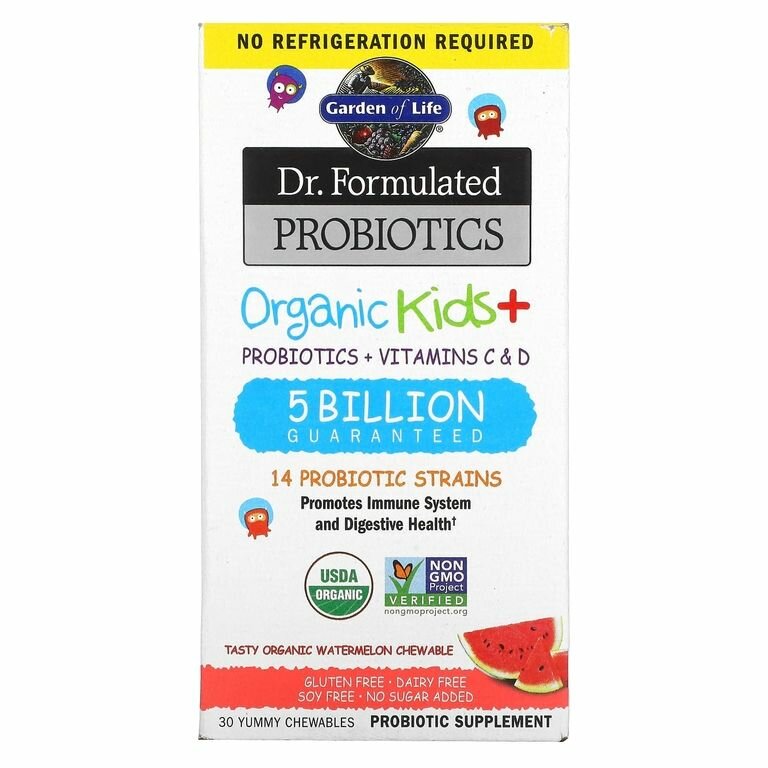 Garden of Life, Dr. Formulated Probiotics, Organic Kids+, органические пробиотики для детей, вкус арбуза, 30 жевательных таблеток Дисконт