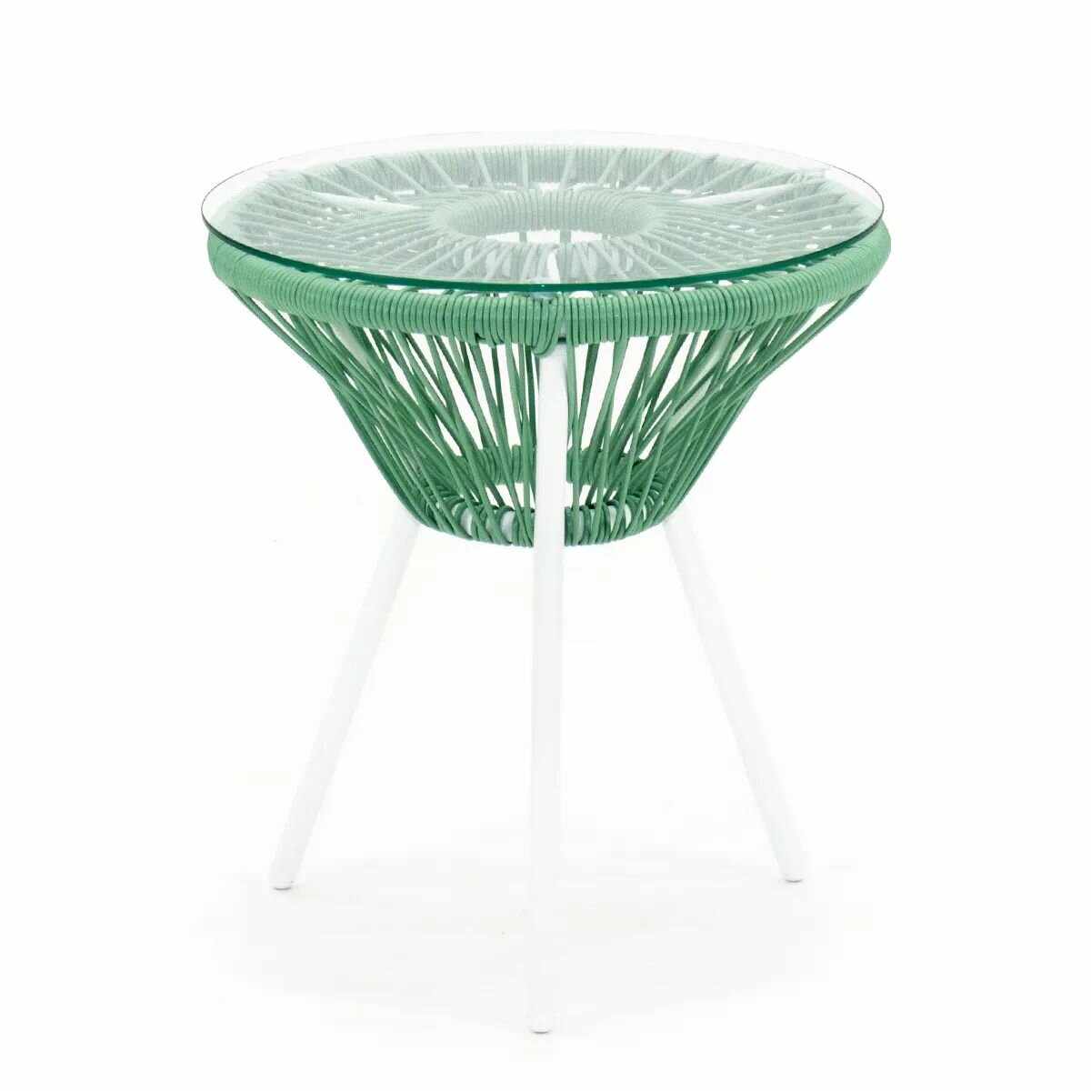 Кофейный стол KORNERA "Акапулько", каркас белый, искусственный ротанг мятный