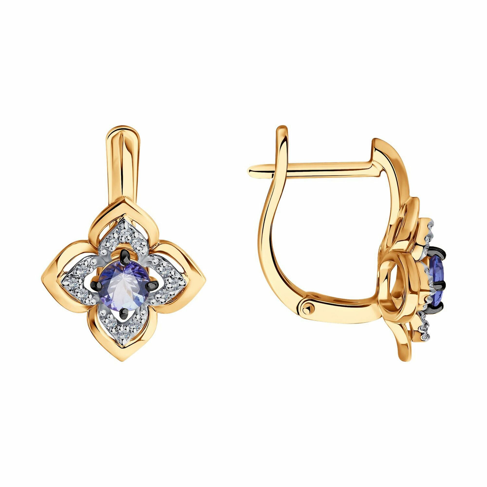 Серьги, красное золото, 585 проба, бриллиант, танзанит