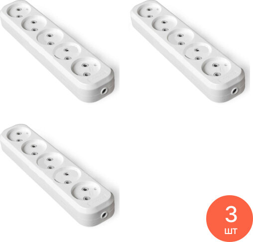 Блок розеток UNIVersal / Юниверсал 5 гнезд без заземляющих контактов АБС пластик, белый Е-205 / колодка электрическая для удлинителя (комплект из 3 шт)