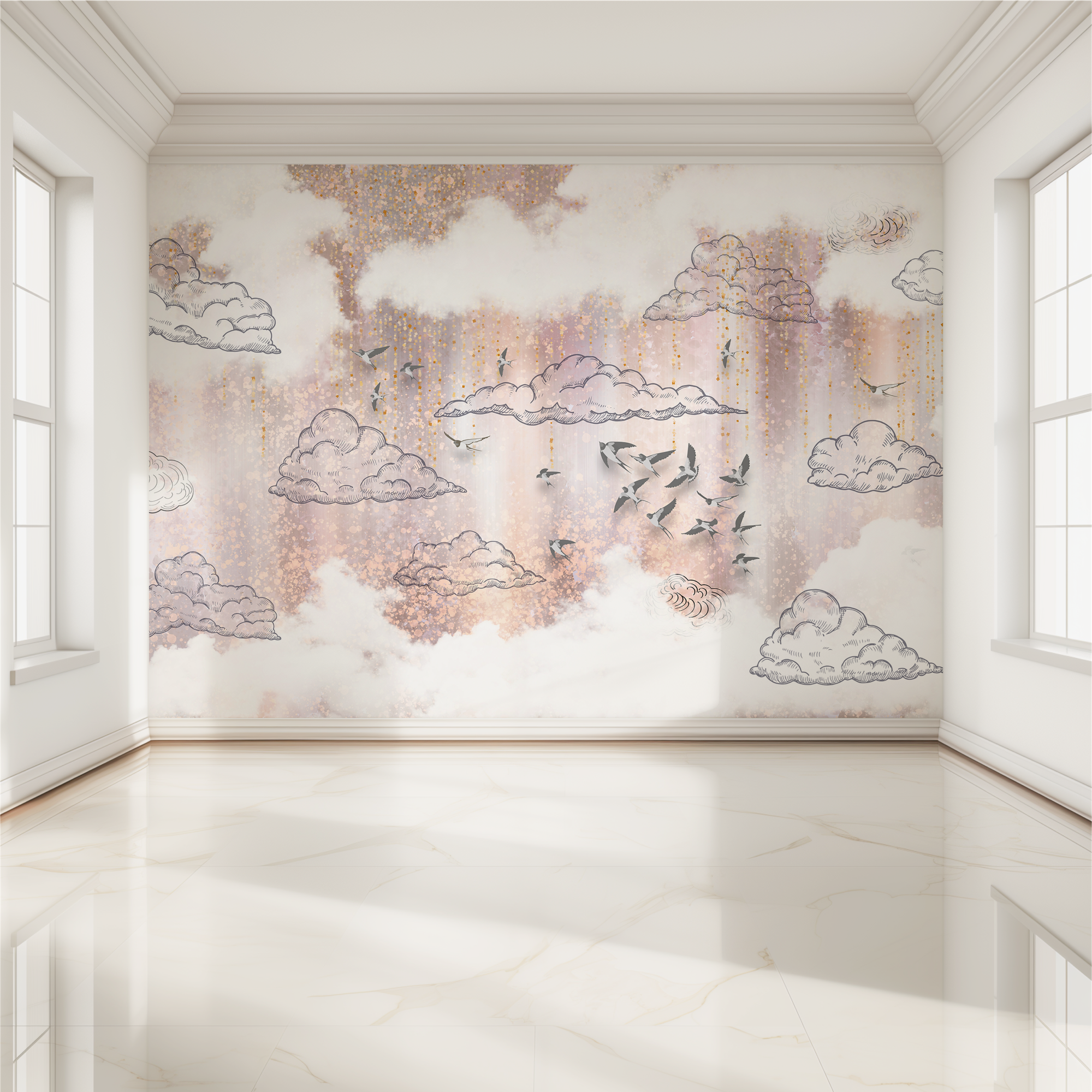 Фотообои 3д на стену "Облака", флизелиновые 400х270 см на кухню, спальню, зал, в детскую