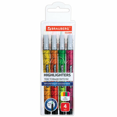 Набор текстовыделителей с прозрачным наконечником 4 цвета, BRAUBERG "Clear", линия 1-5 мм, 152426