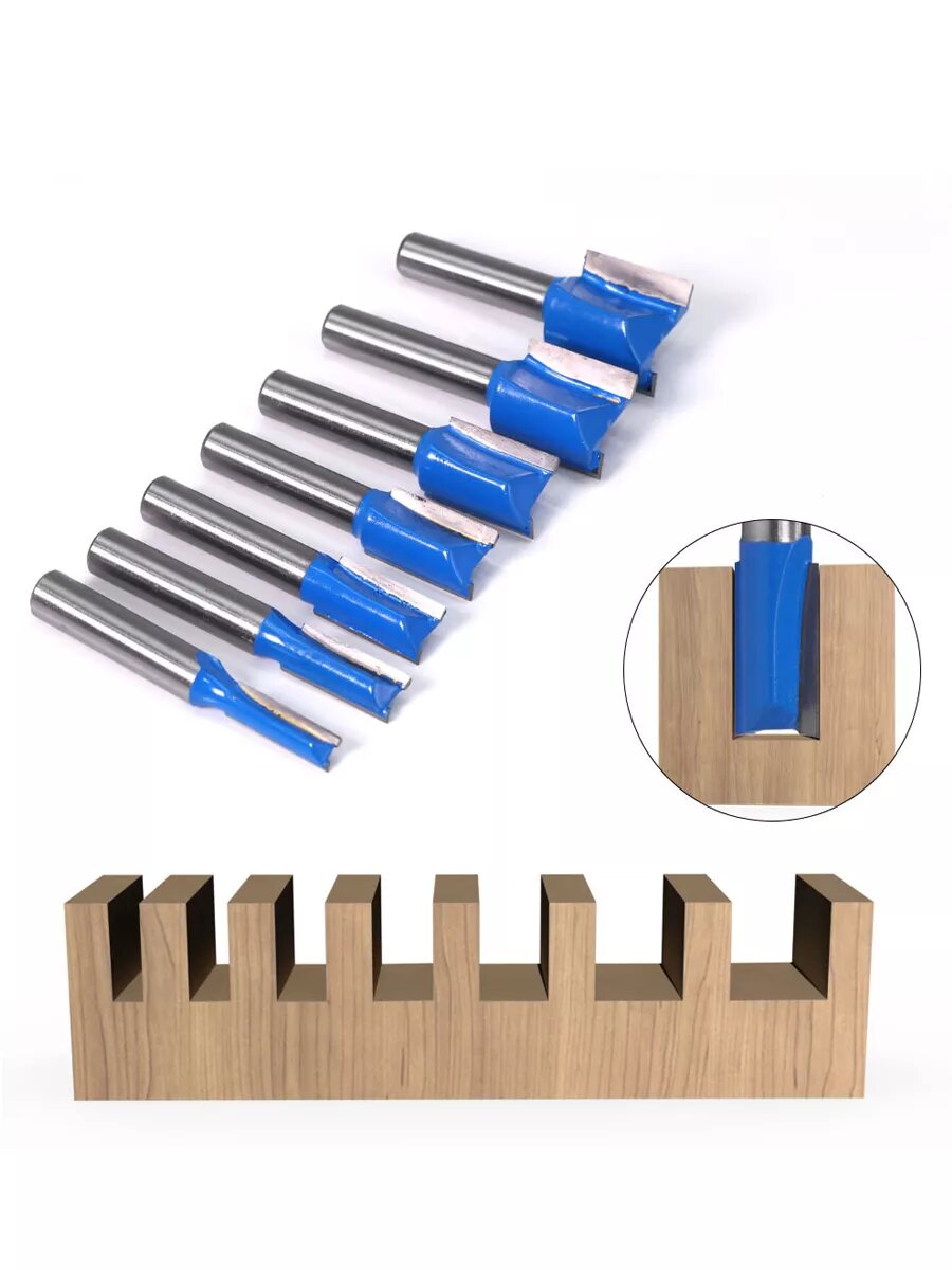 Набор 7 фреза пазовая прямая, фрезы по дереву, хвостовик 8mm