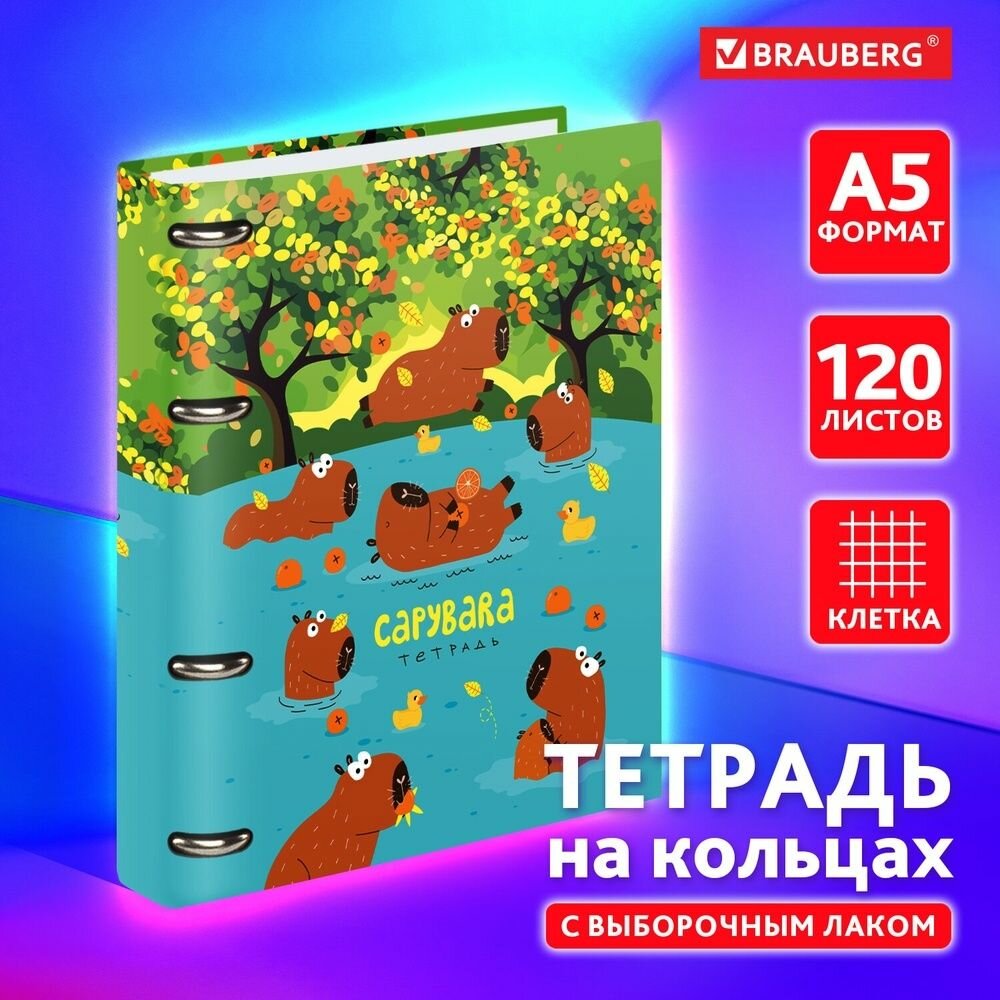 Тетрадь на кольцах Brauberg А5, 160х212 мм, 120 листов, картон, выборочный лак, клетка, "Капибары"
