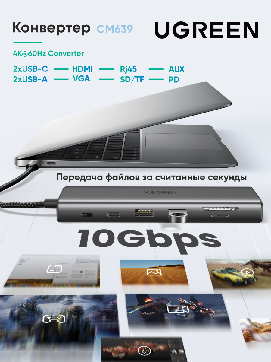 Конвертер UGREEN CM639, 11 в 1, серый, 4K, поддержка разрешения, металл