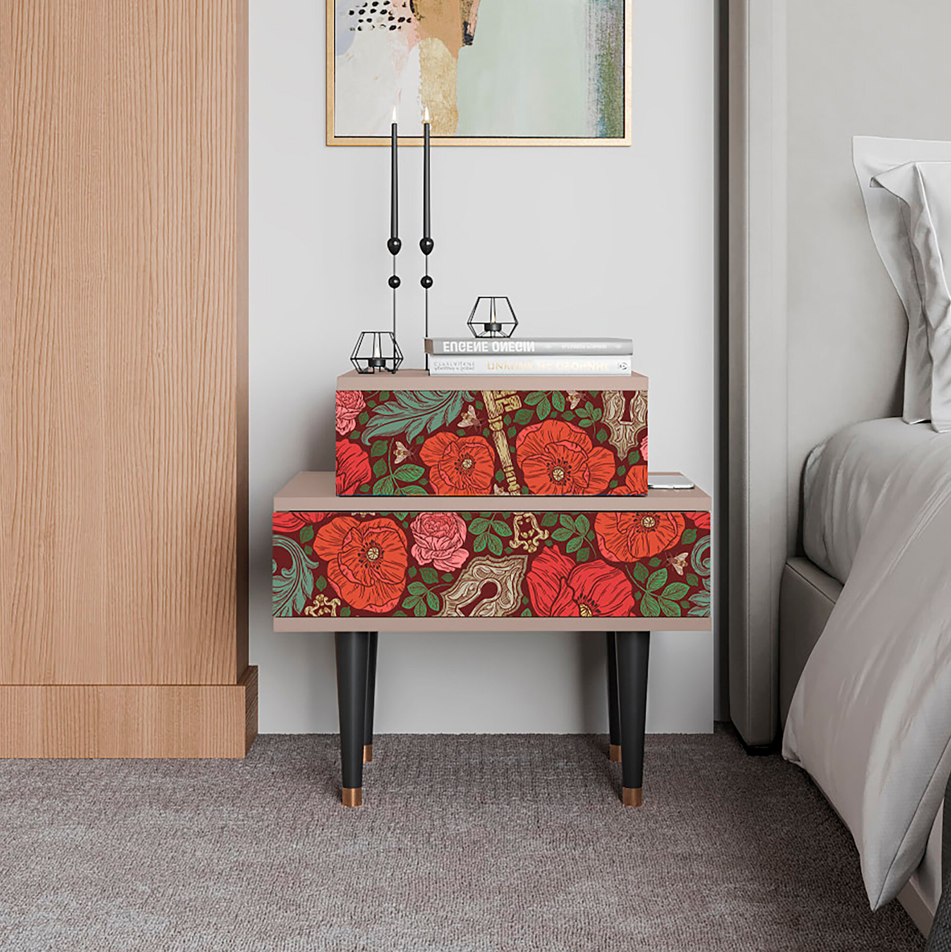 Прикроватная тумба - STORYZ - NS1 Poppy Garden, Размер - 58 x 58 x 41 см, Цвет корпуса - , Бежевый