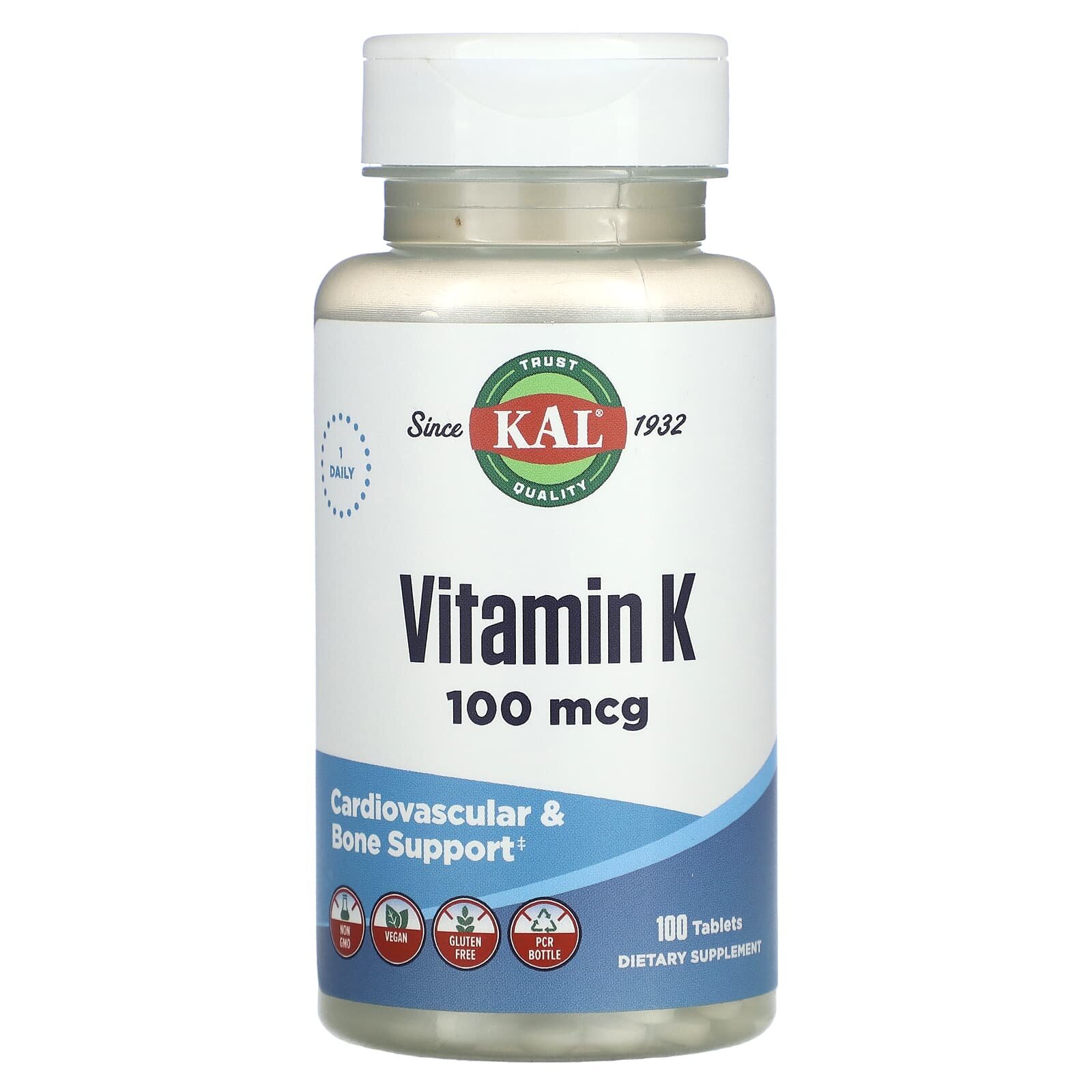 Витамин К, KAL Vitamin K, 100 мкг, 100 таблеток, витамины для поддержки костей