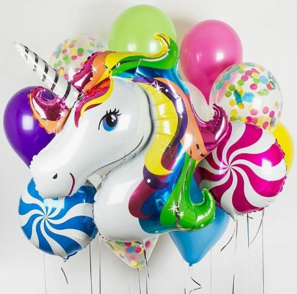 Гелиевые воздушные шары на день рождения (уже надуты) Единорог