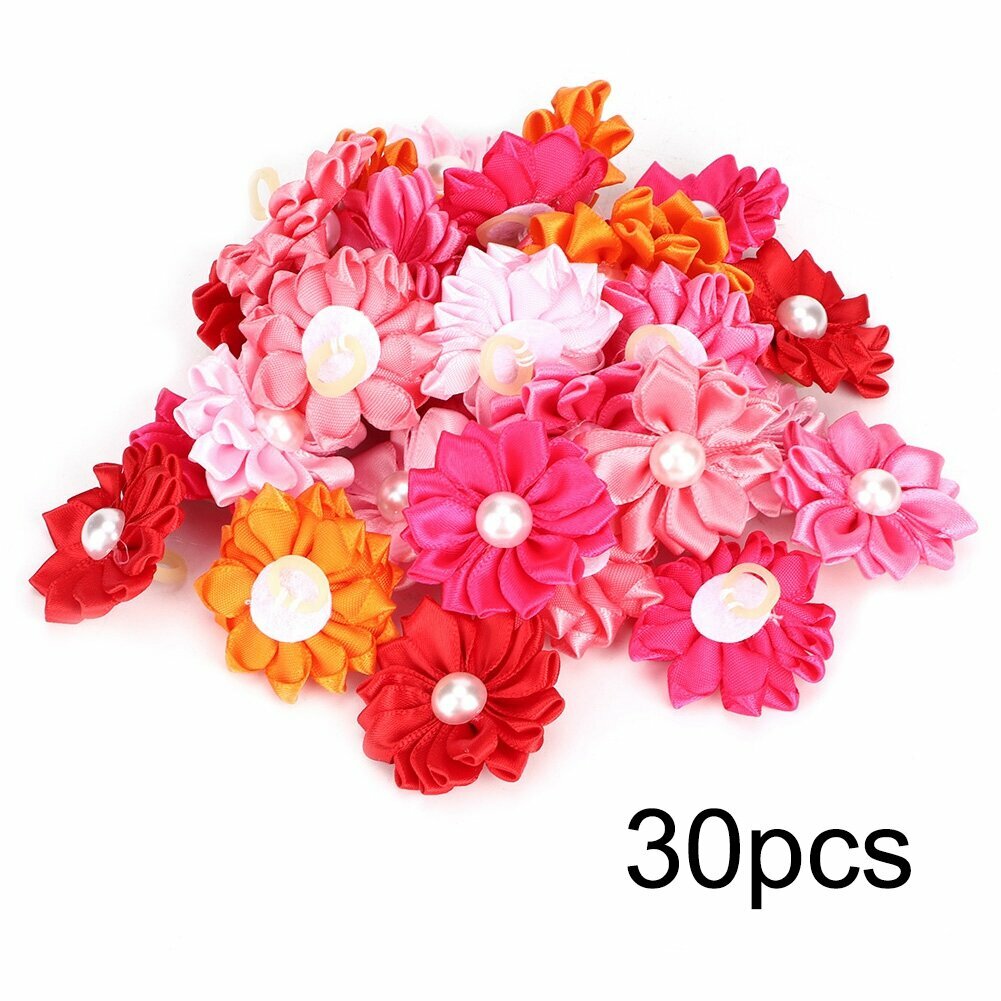 30PCS Colorful Pet Dog Hair Bows with Pearl Decor for Puppy Small Cats Grooming Accessories