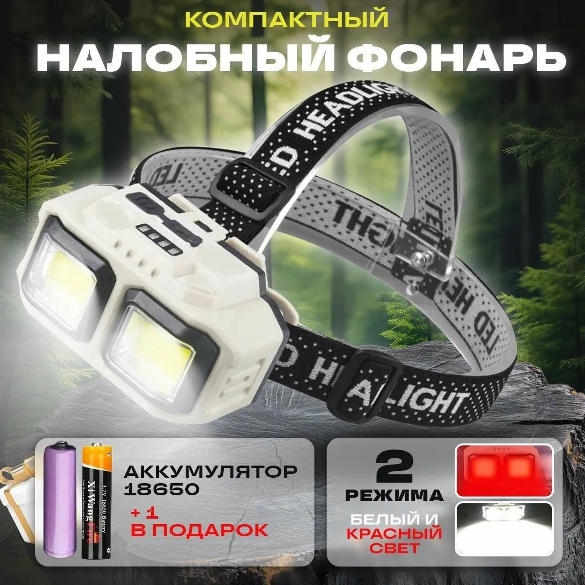 Фонарь налобный со сменным аккумулятором 18650 / Светодиодный фонарик с зарядкой USB / 2 вида света=v=