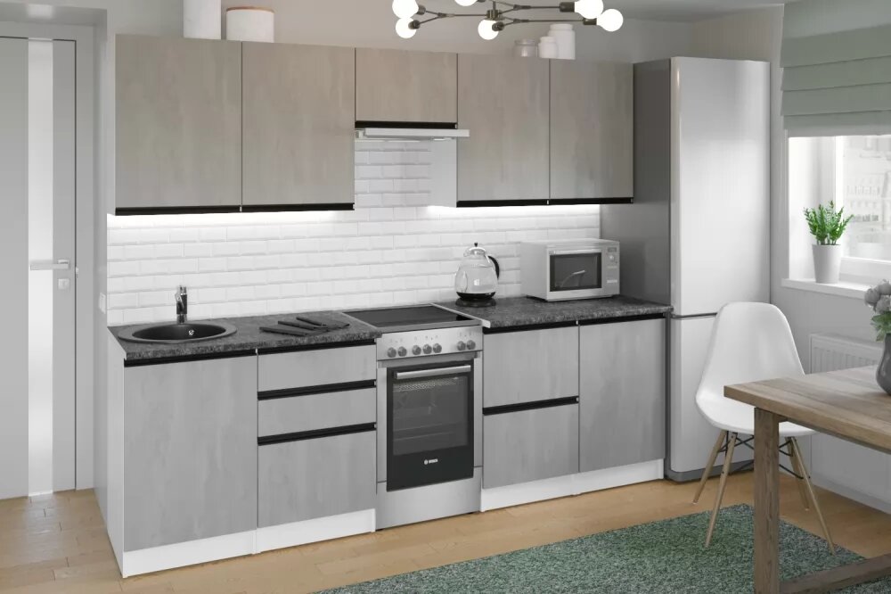 Кухонный гарнитур Герда Сюита мега 2500 мм, каркас ЛДСП, фасад ЛДСП, Белый/Бетон светлый