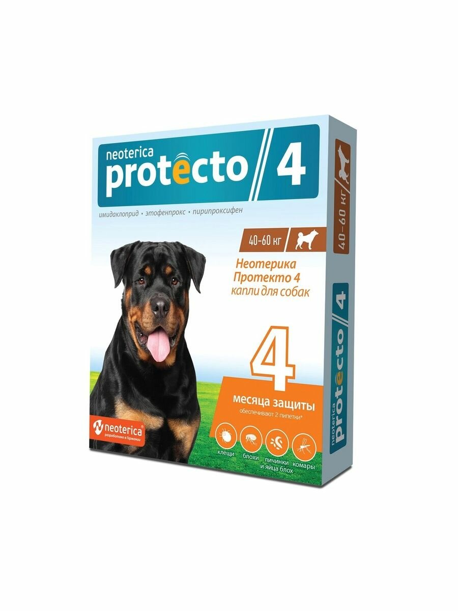 Капли от клещей и блох Neoterica Protecto для собак 40-60 кг, 2 шт