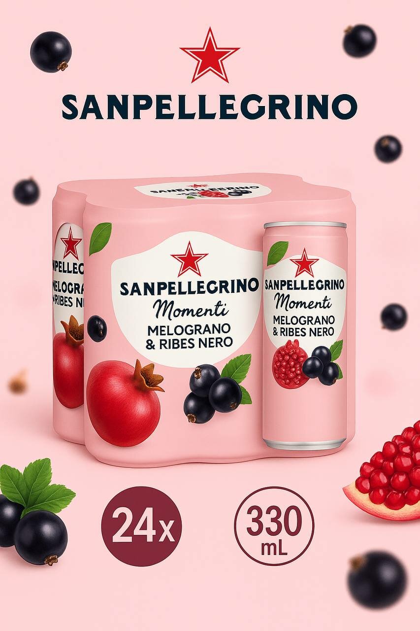 Газированный напиток Sanpellegrino Momenti Санпеллегрино Гранат и Смородина, 24 шт * 330 мл, Италия