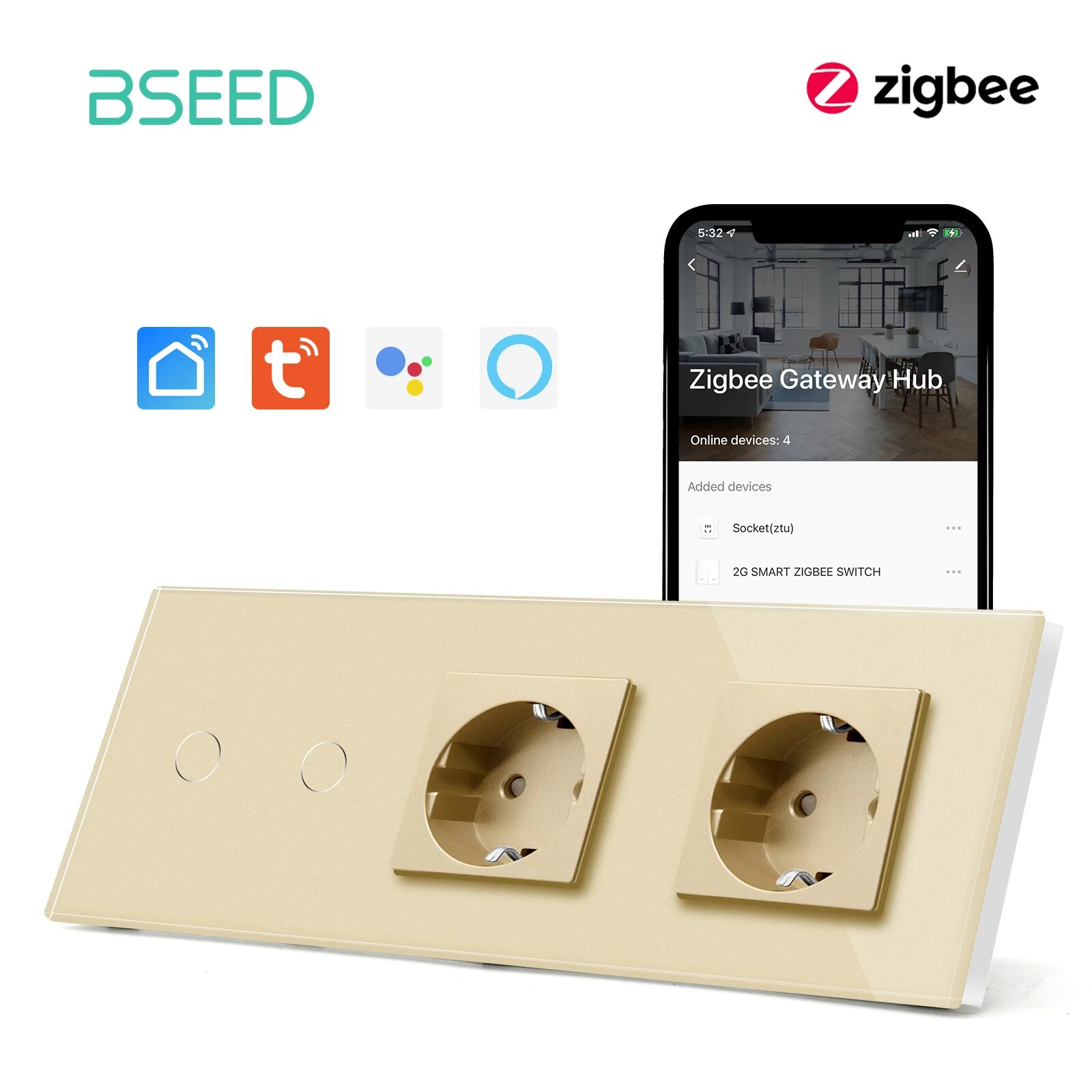 Умные выключатели BSEED Zigbee 1/2/3 клавиши 2Gang Gold