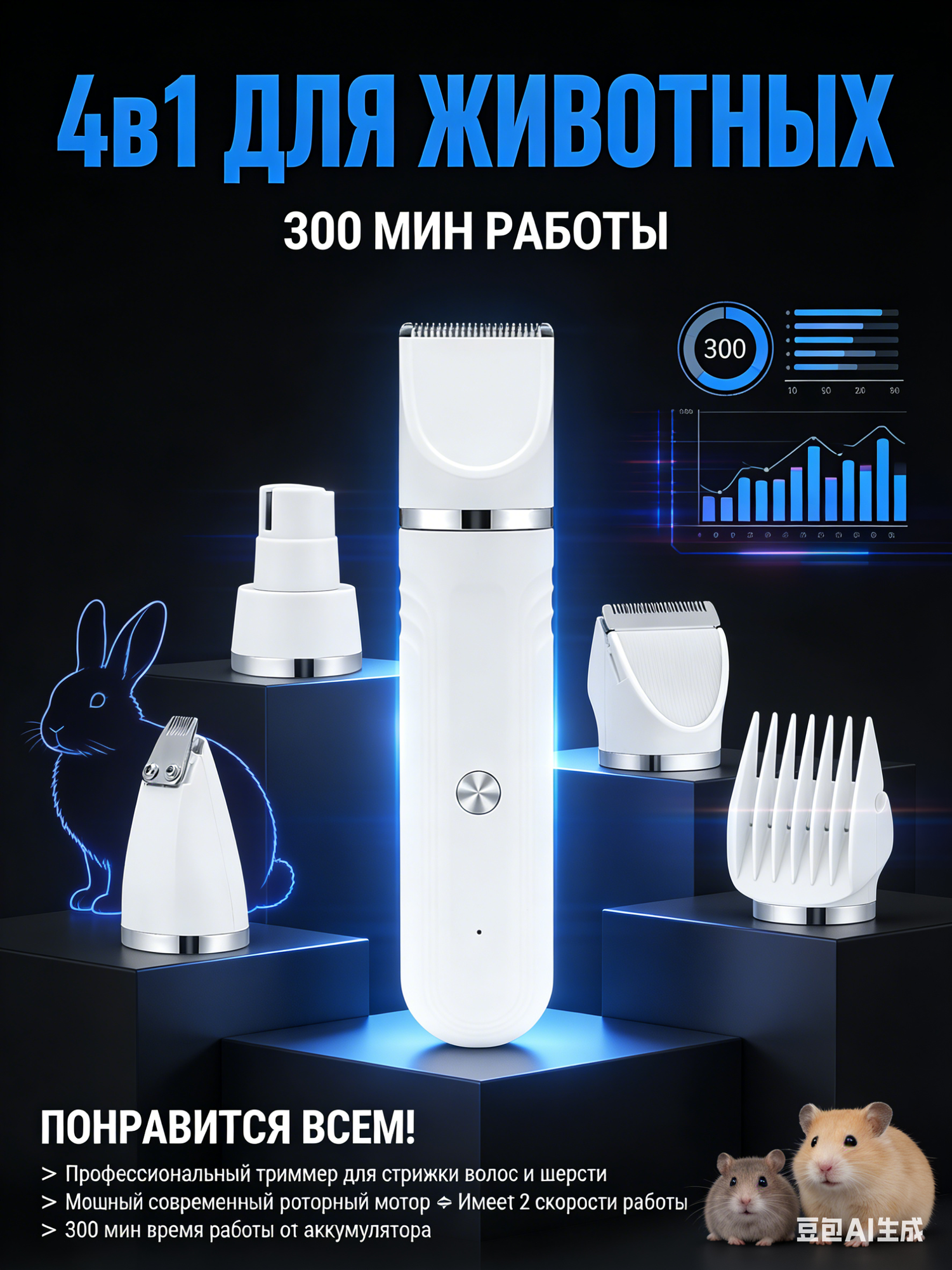 Машинка для стрижки собак и кошек Булка беспроводная профессиональная