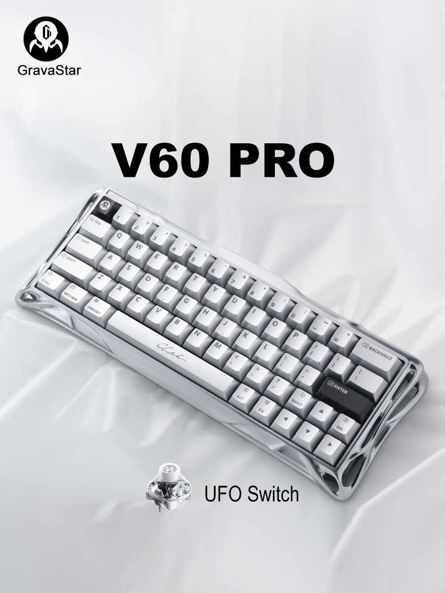 Gravastar V60 Pro Проводная игровая клавиатура с магнитной осью, RGB-подсветка 8K，алюминиевый сплав，серебро