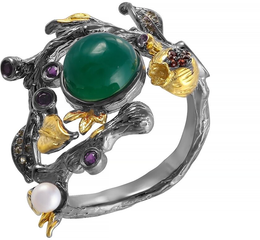 Кольцо, серебро, 925 проба, жемчуг, аметист, перидот, агат