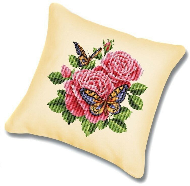 Набор для вышивания Белоснежка #Р-137 Подушка "Бабочки и розы", Счетный крест, 45 х 45 см