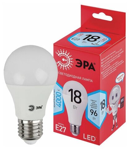 Лампа светодиодная ЭРА RED LINE, 18 (96) Вт, цоколь Е27, груша, нейтральный белый свет, 25000 ч, LED A65-18W-4000-E27, Б0052381