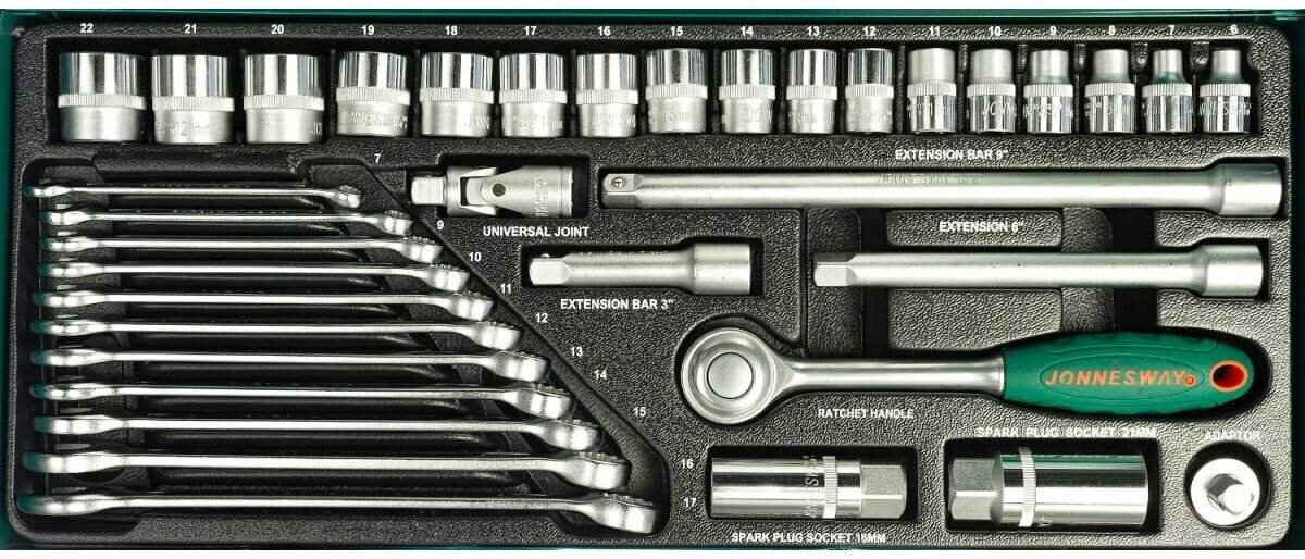 Jonnesway S04H3536S Набор торцевых головок 3/8"6-22 мм и комбинированных ключей, 36 пр. 47394