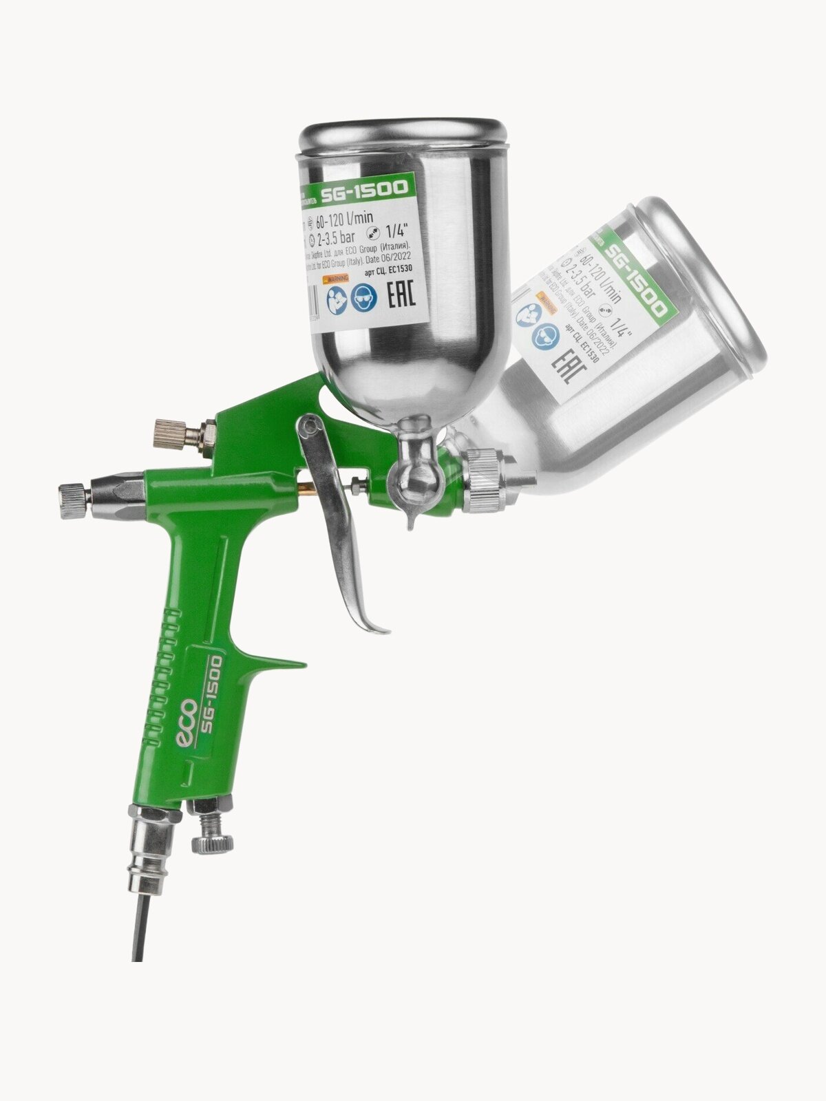 Краскопульт пневматический ECO SG-1500, HVLP, сопло 1.0 мм, поворотный бак 200 мл (EC1530-10)