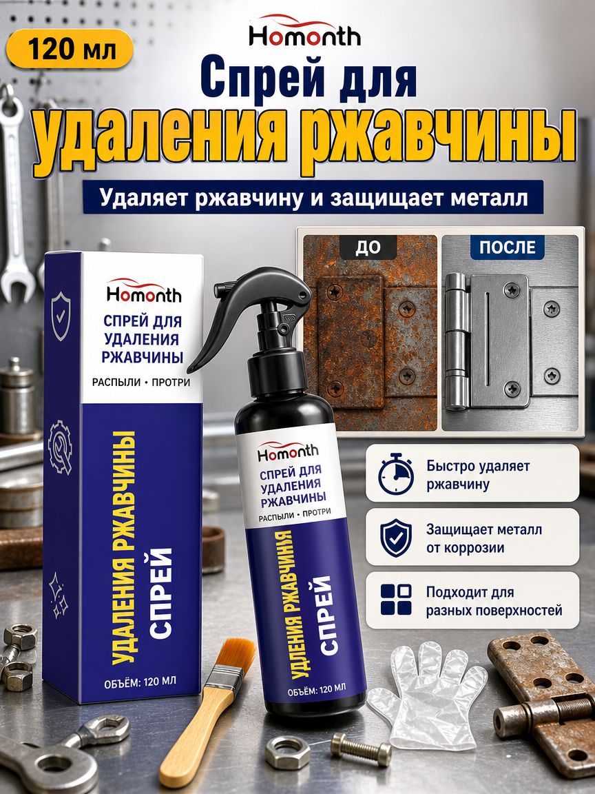 Homonth Спрей для удаления ржавчины с металлических поверхностей, защита от коррозии, смазочно-очищающее средство, 120 мл, для металлических изделий и инструментов