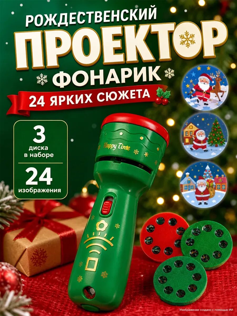 Фонарик проектор новогодний детский с дисками 24 слайда