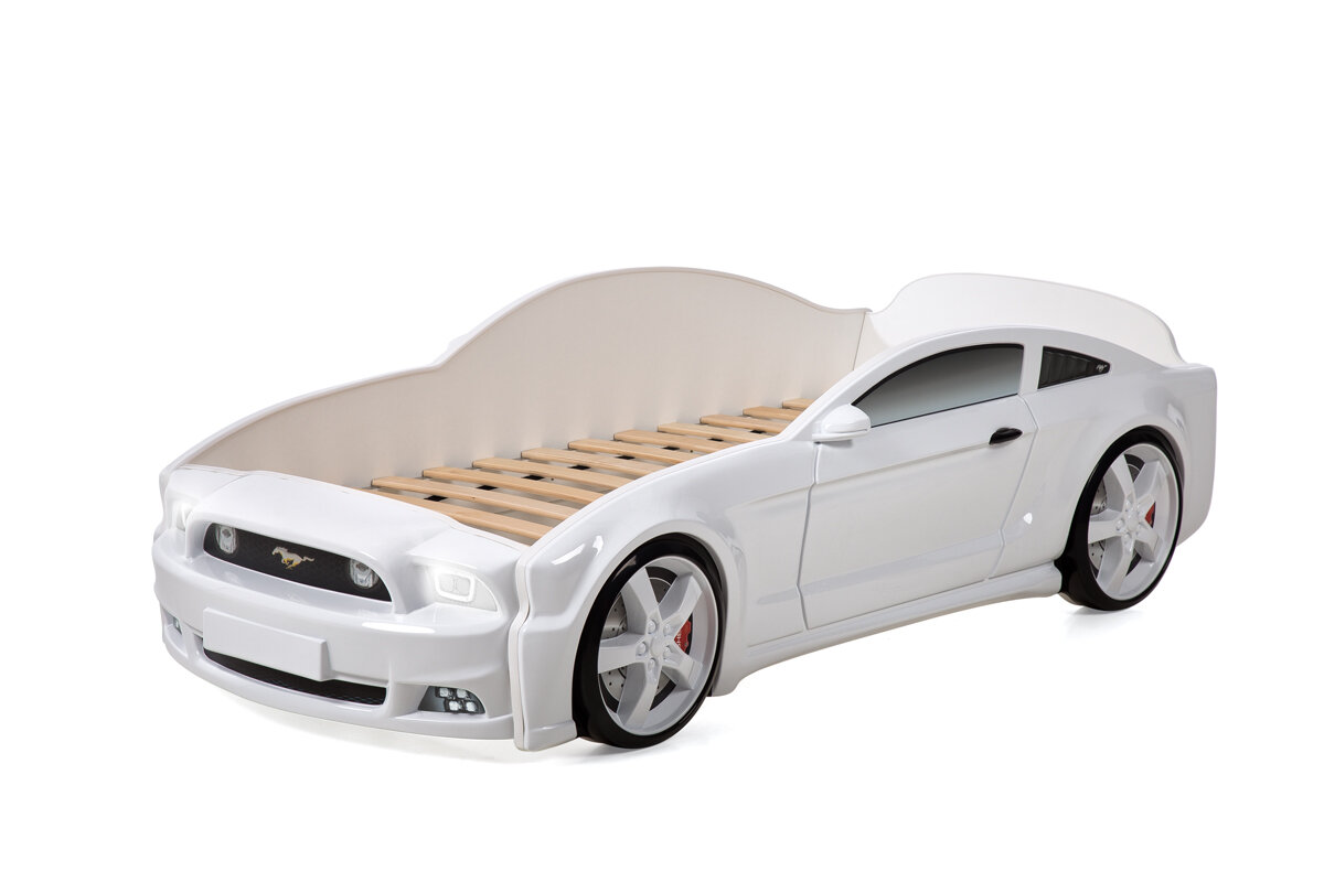 Кровать-машина Futuka Light 3D Мустанг, белая, для детей, с фарами, 70x160см, цвет белый
