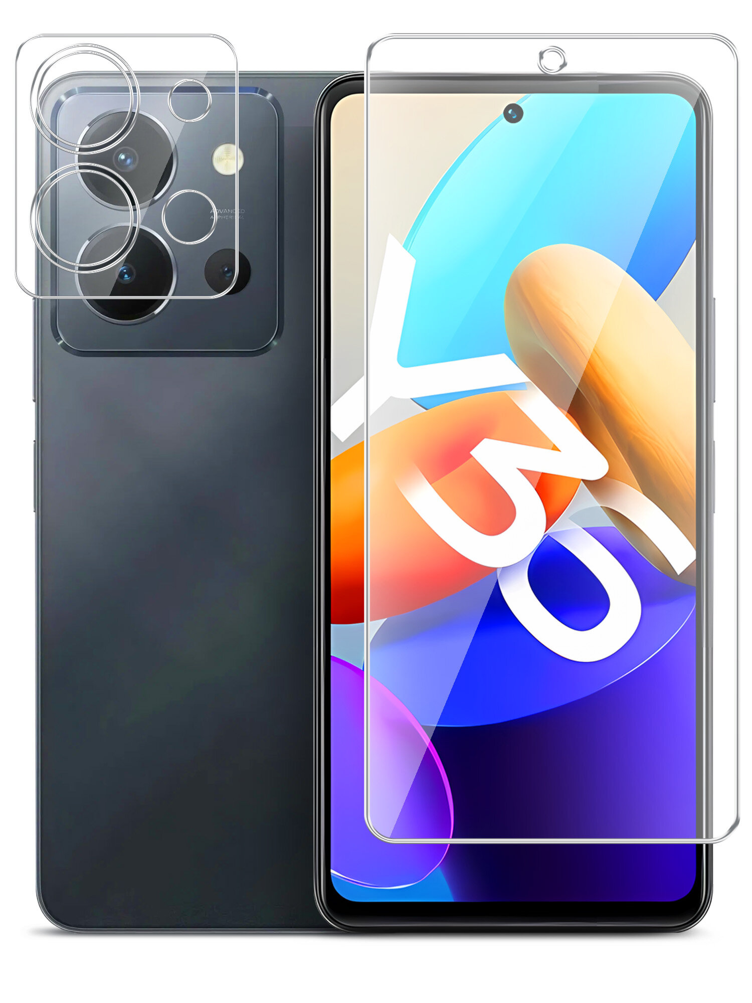 Защитное стекло для Vivo Y36 (Виво У36) на Экран и Камеру, (гибридное: пленка+стекловолокно), прозрачное силиконовая клеевая основа тонкое Hybrid Glass, Miuko