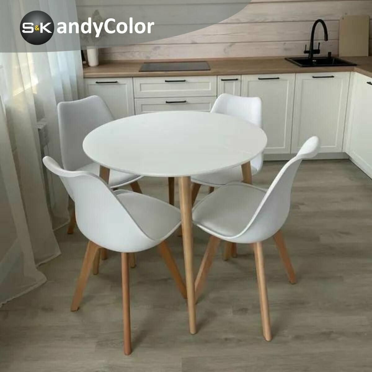 Стол обеденный НЕ раздвижной круглый SKandyColor 100 см Цельная столешница цвет Белый (Итальянская Эмаль+Лак) + ножки из Массива дерева в натуральном цвете