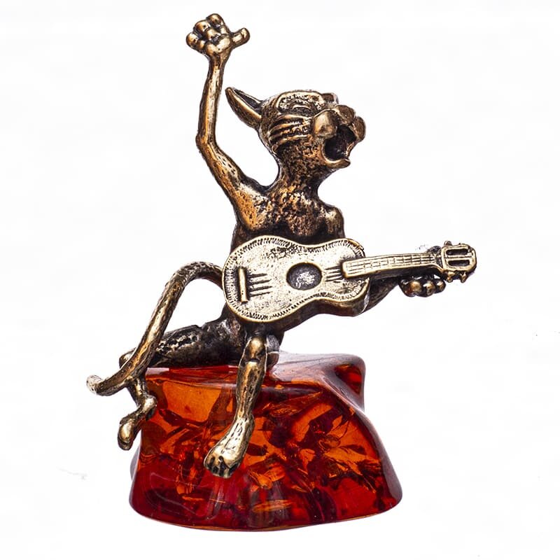 Фигурка подарочная на натуральном янтаре Кот с гитарой 4 х 3 см