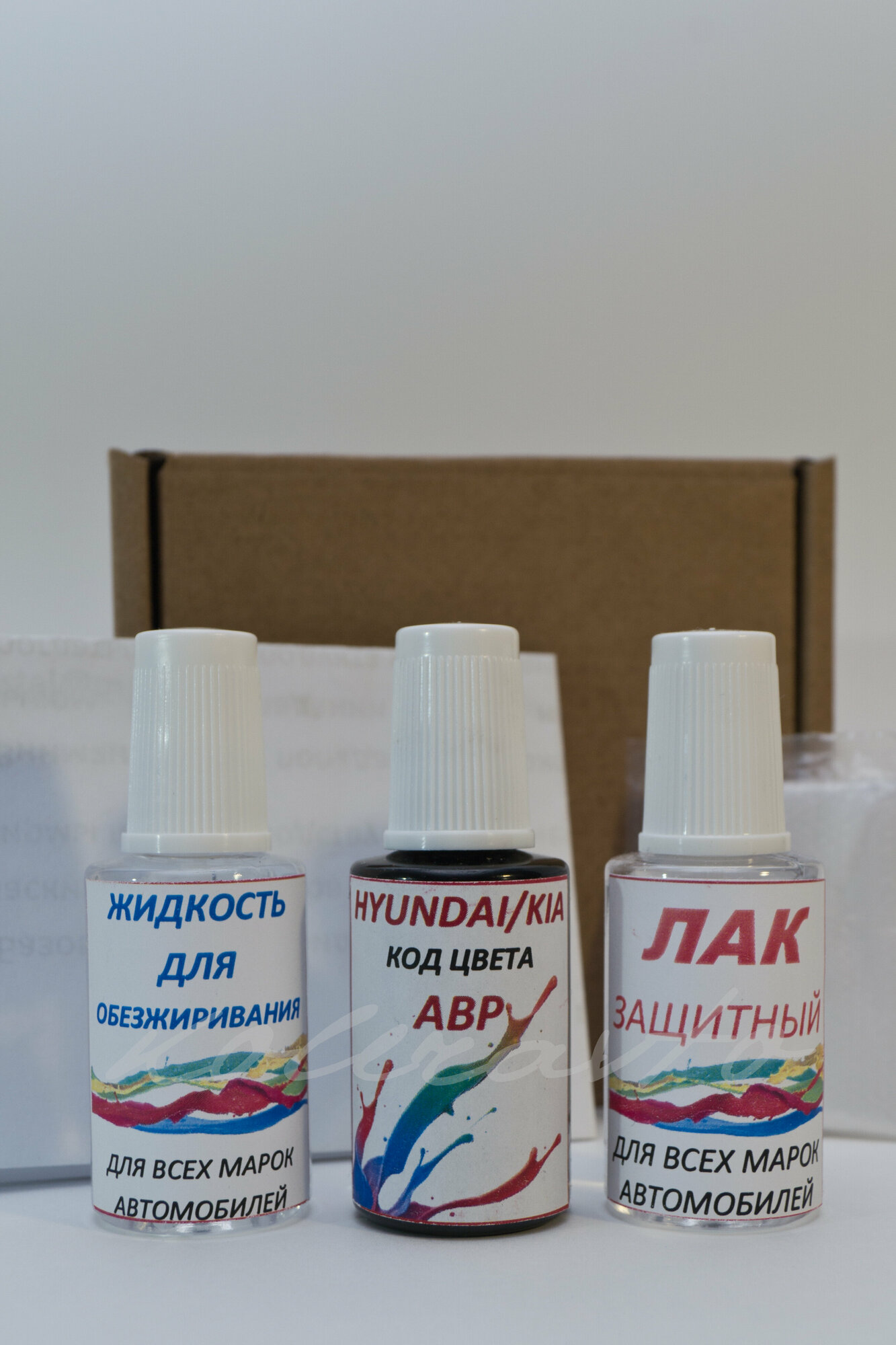 Подкраска для сколов во флаконе с кисточкой ABP для KIA / Hyundai Черный Перламутр, Aurora Black, краска+лак+обезжириватель 3 предмета