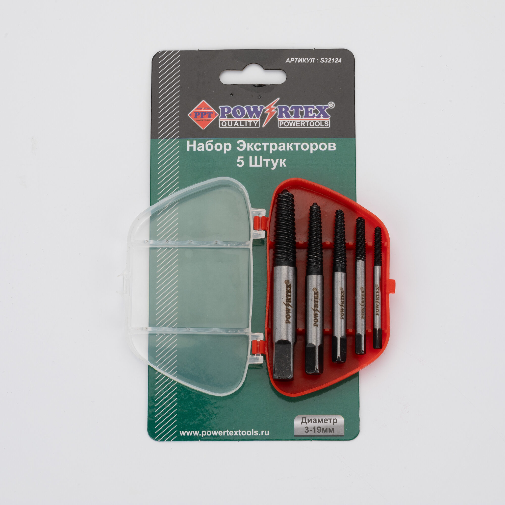 Экстрактор для выкручивания обломанных болтов и винтов Powertex, набор-5штук.