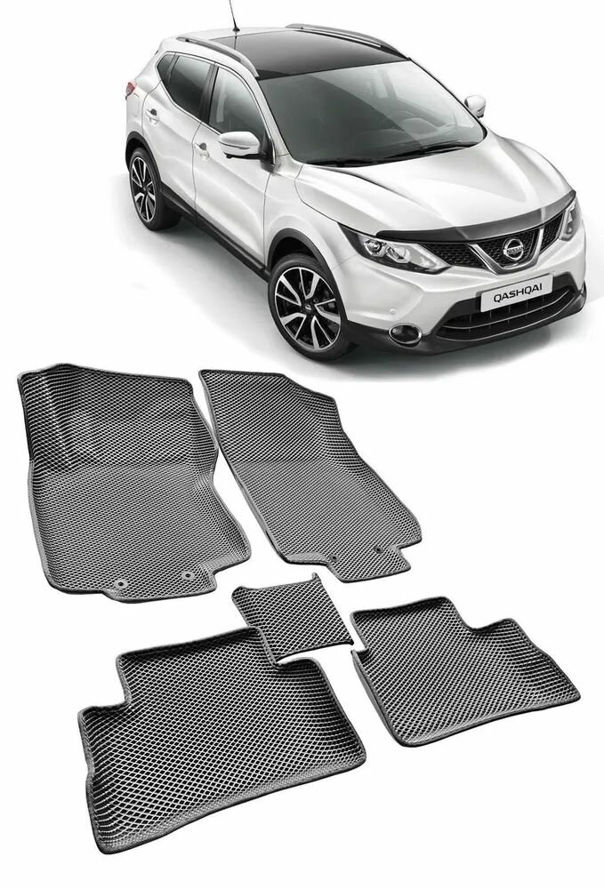 Ева коврики Nissan Qashqai J11 пресс борта 2014 -/ Ева ЭВА сота/ цвет Красный c синей окантовкой / EVA Smart / коврики в салон автомобиля Ниссан