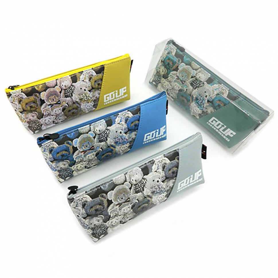 Пенал CQ-506 "Медвежата" косметичка, текстиль с вставкой из экокожи, на молнии, зеленый