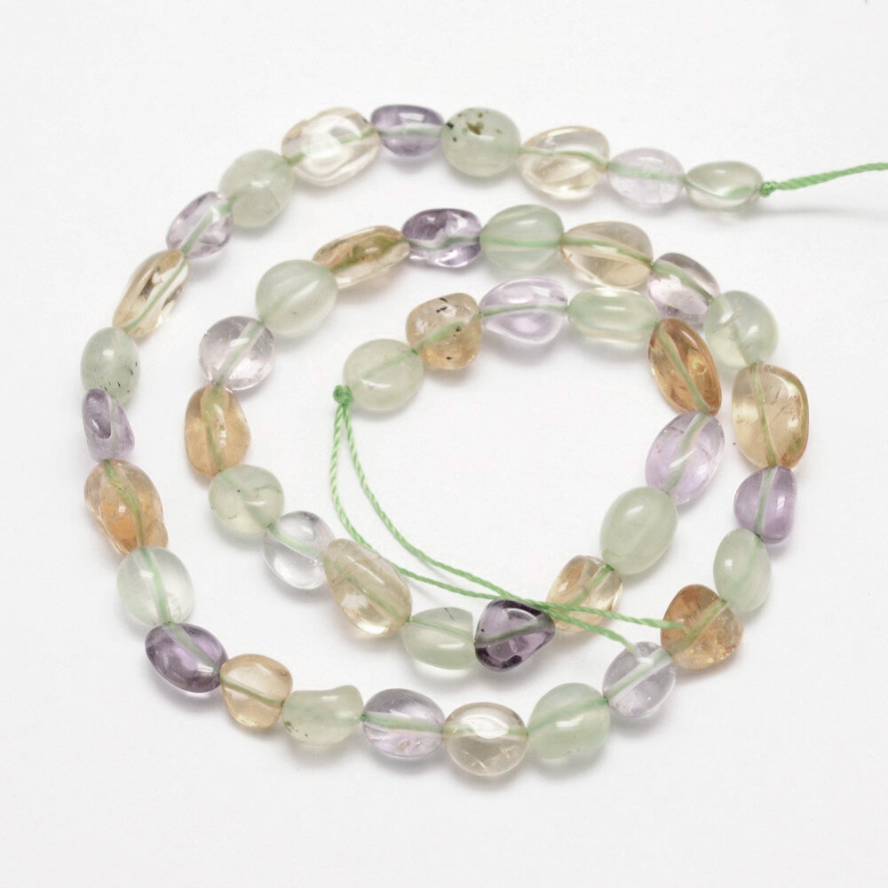 Бусины каменные, микс (аметист / пренит / цитрин / горный хрусталь), 4-12мм, неправильной формы, 48 шт, низка
