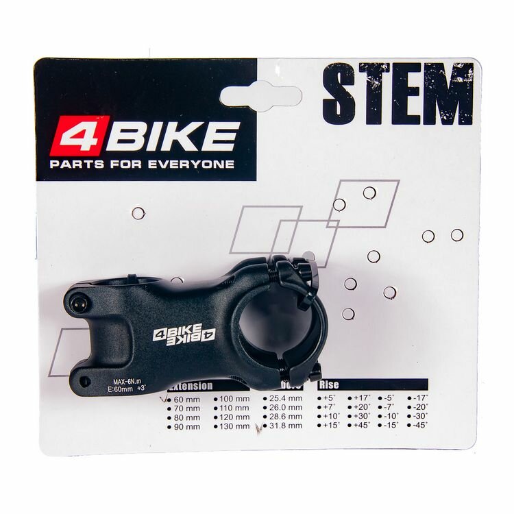 Вынос велосипедного руля "4BIKE", алюминиевый, TDS-D601, L:60, R:+3°, D:31.8мм, индивидуальная упаковка, чёрный