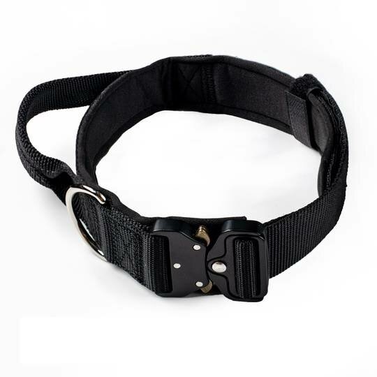 PetOpt Ошейник светоотражающий нейлон с ручкой черный L фастекс мет. "Кобра" 54-61*45мм для собак