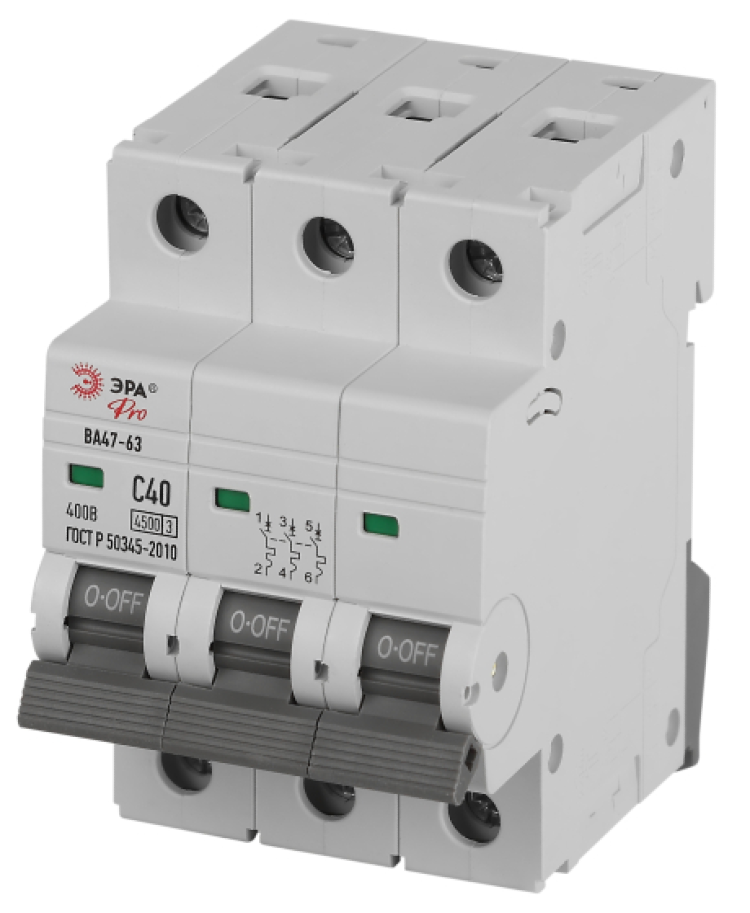 Автоматический выключатель ЭРА Pro ВА47-63 VA63-3P40C4.5, 3P 40А характеристика С, 4.5кА, Б0059441 / электроавтомат