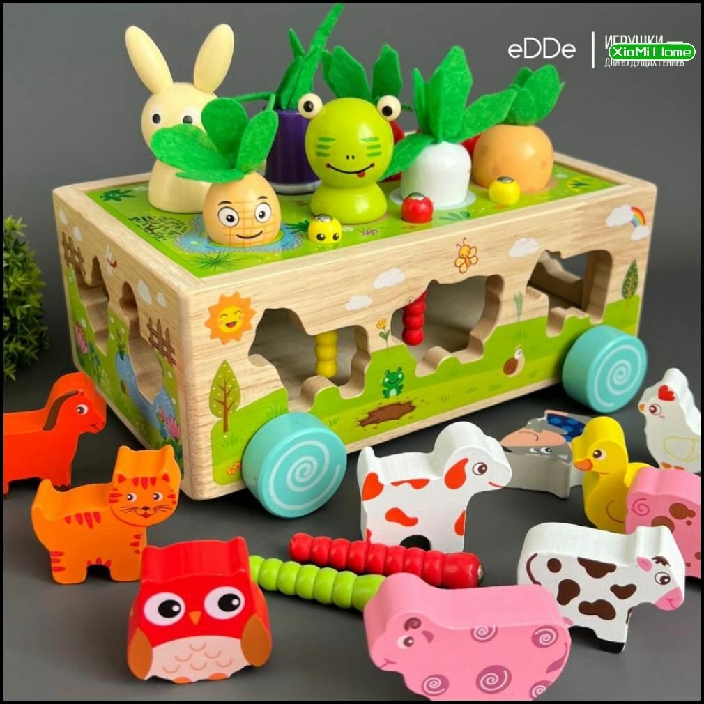 Многофункциональная деревянная развивающая игрушка 6 в 1 "Кролик и Лягушонок на грядке" / Бизиборд Монтессори -kpa