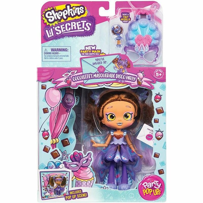 Mosse Shopkins Lil' SECERTS Party Pop Ups Cocolette's Masquerade Disco Party Doll / Детский набор кукол-сюрпризов подходит для подарков девочкам, включая ожерелья и мини-конверты