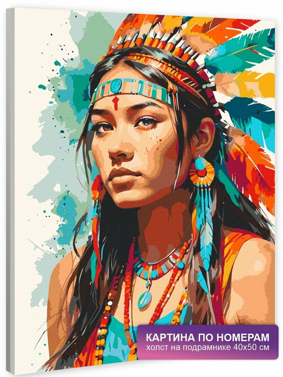 Картина по номерам на холсте с подрамником 40х50 см. Мир, вселенная, человек, люди. "Девушка-индеец", арт. 5294/