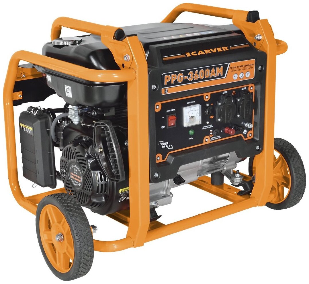 Бензиновый генератор CARVER PPG- 3600АM, 220/12 В, 2.8кВт, на колёсах [01.020.00026]