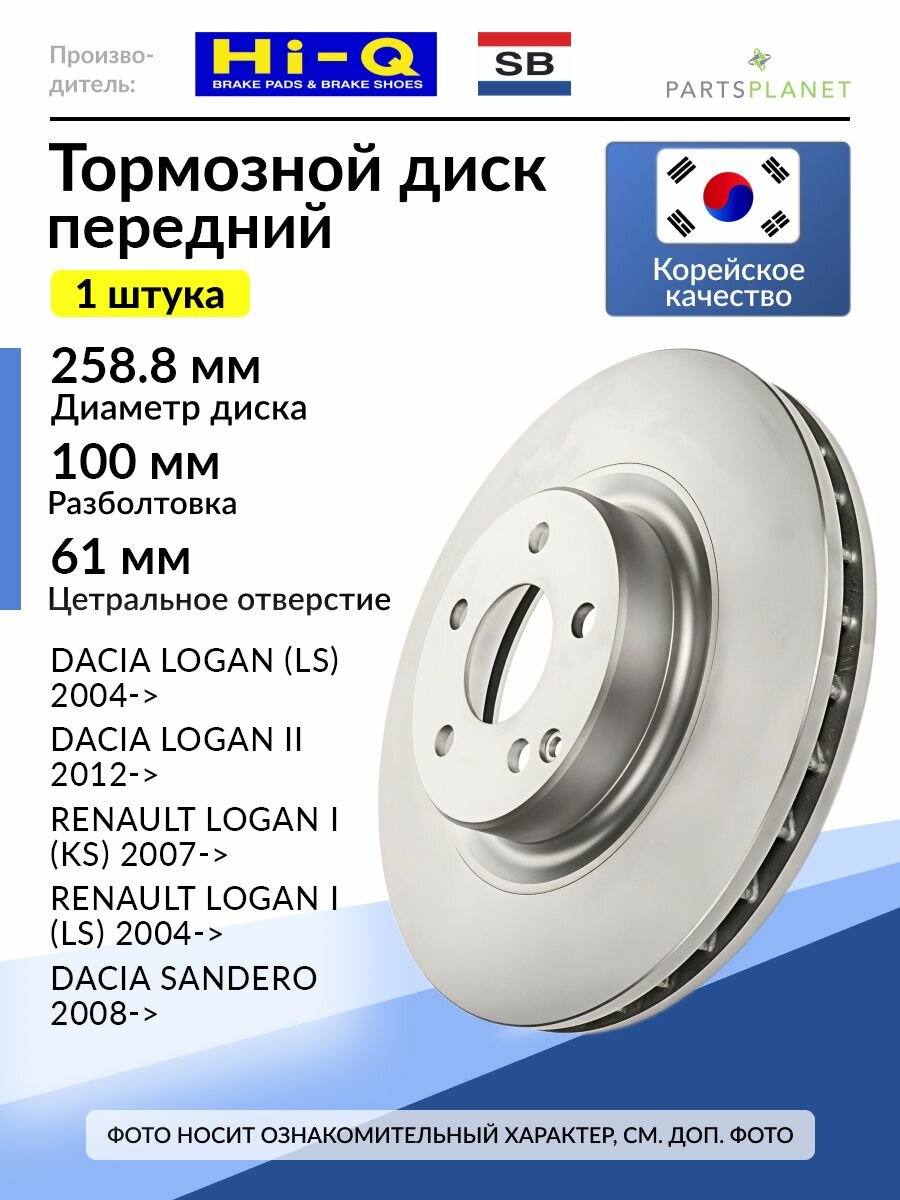 Диск тормозной передний не вентилируемый диаметр 259 мм для Дачиа Логан 2004-, II 2012-, Рено I 2007-, Сандеро 2008-, Dacia Logan Renault Sandero 2008-, артикул SD3049 SANGSIN
