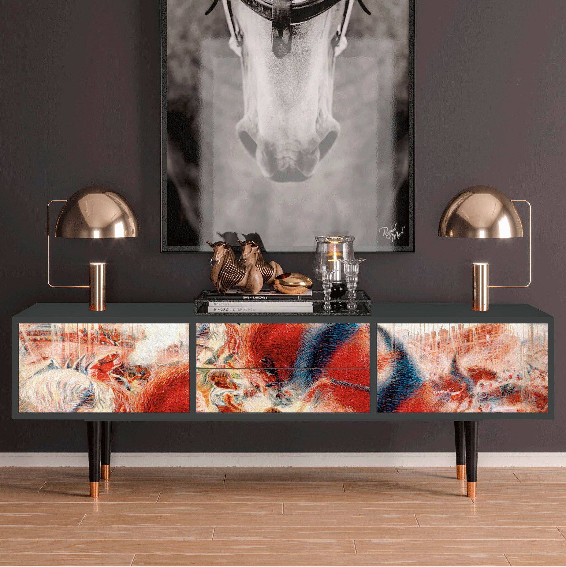 ТВ-Тумба - STORYZ - T4 The City Rises by Umberto Boccioni, Размер - 170 x 59 x 48 см, Цвет корпуса - , Антрацит