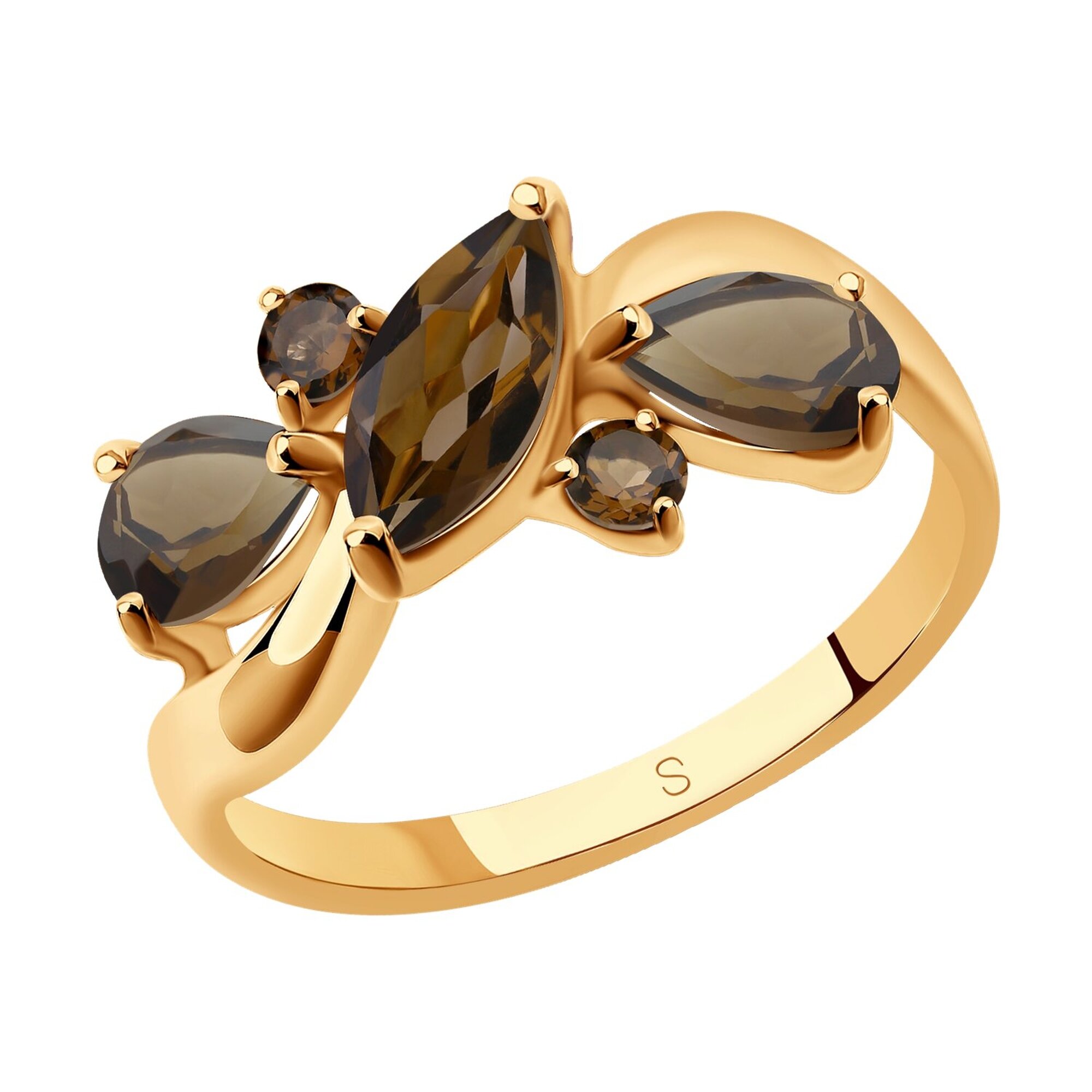 Кольцо, серебро, 925 проба, золочение, раухтопаз